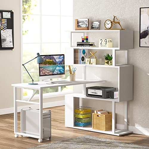 Tribesigns Rotating Computer Desk with 5 Shelves Bookshelf, Modern L ...