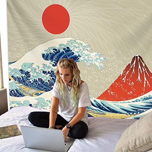 The Great Wave Off Kanagawa Tapestry, Wave Tapestry with Volcano Red ...
