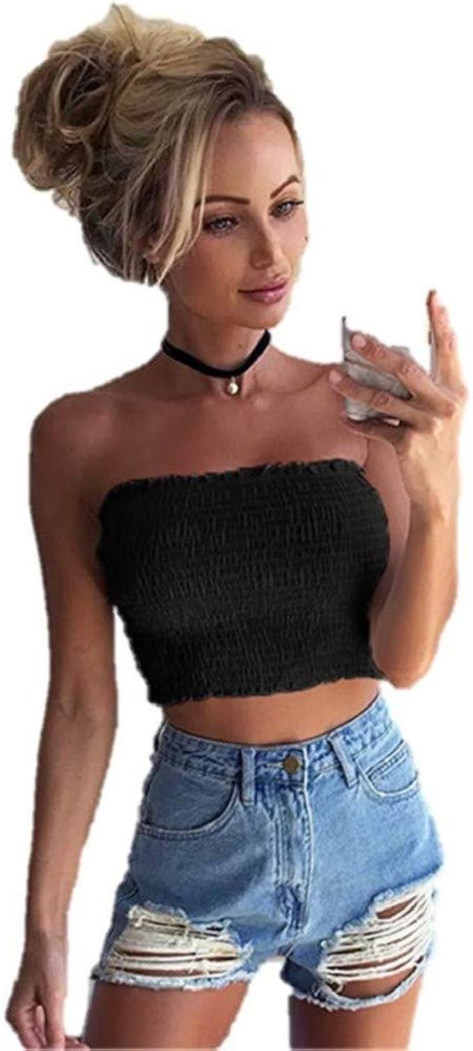 WUAI-Women Strapless Pleated Summer Sexy Bandeau Tube Crop Tops: Amazon ...