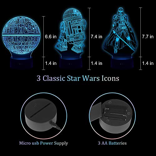3D Illusion Star Wars Night Lights for Kids, 16 Color Changing Bedroom ...
