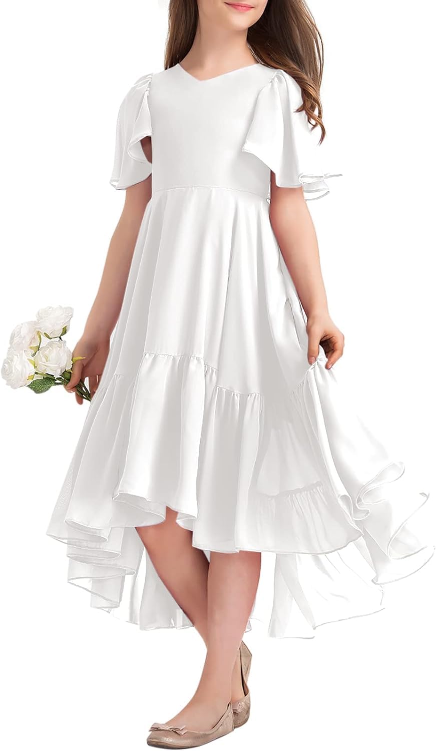 Girls Ruffle Dresses Casual A Line V Neck Short Sleeve Flowy High Low ...