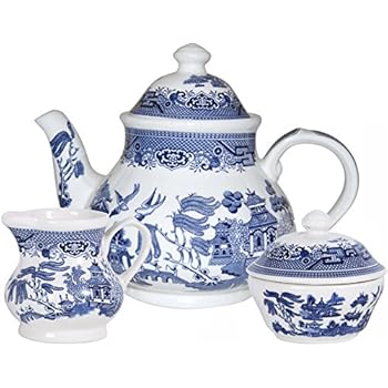 Amazon.com | Churchill Blue Willow 3 Piece Set (Teapot, Creamer & Sugar ...
