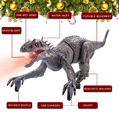 Remote Control Dinosaur Jurassic T Rex Toys for Boys Electronic RC Spray Raptor Toy LED Lightup ...