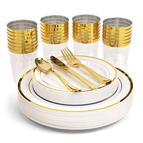 Disposable Plates Forks Knives Spoons And Cups 150 Piece Tableware Set Gold Rimmed disposable-plates-forks-knives-spoons-and-cups-150-piece-tableware-set-gold-rimmed