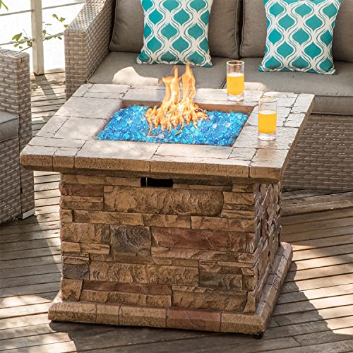 COSIEST Outdoor Propane Fire Pit Table w Faux Brown Ledgestone 32-inch ...