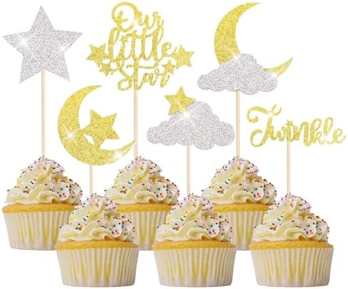 YCTHUNFISH 24 Pack Little Star Cupcake Toppers Glitter Moon Cloud ...