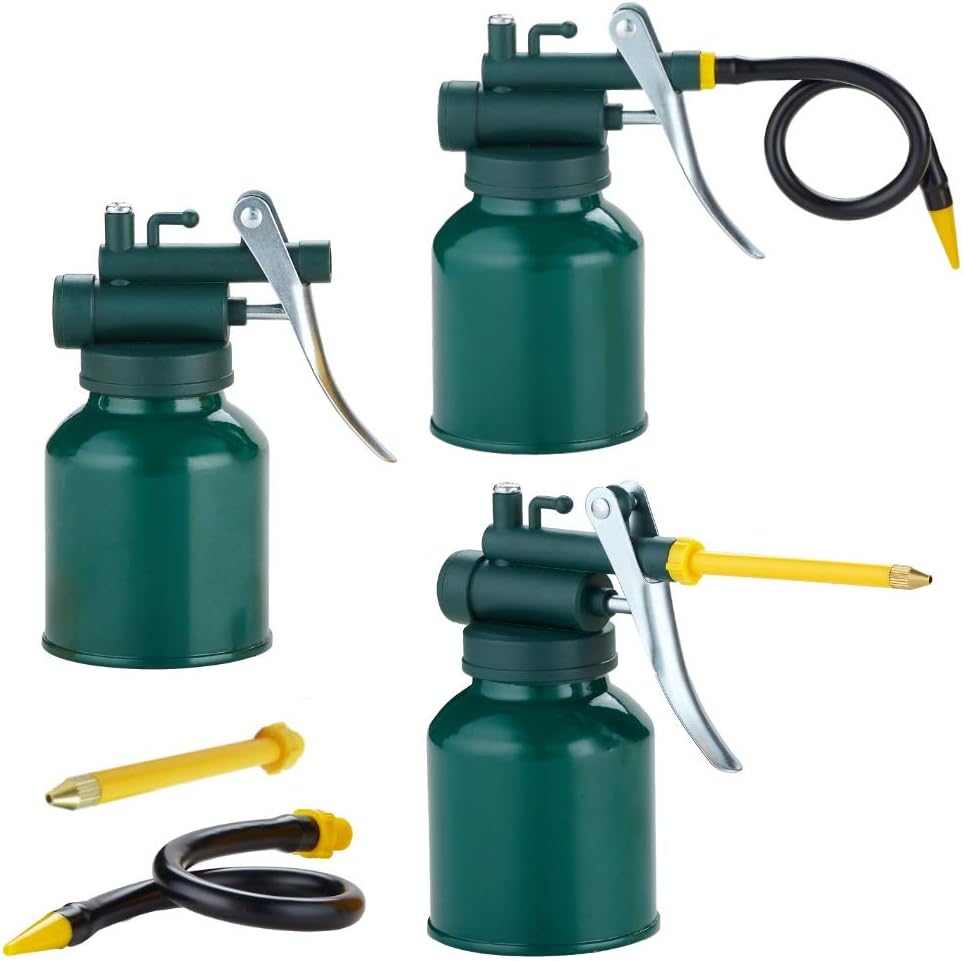 Pump Oil Can Tool, Green Pistol Oiler Can with 2 Spout Straight ...