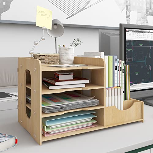 PUNCIA 4 Tiers Office Wood Desktop Organizer Letter A4 Paper File Rack ...