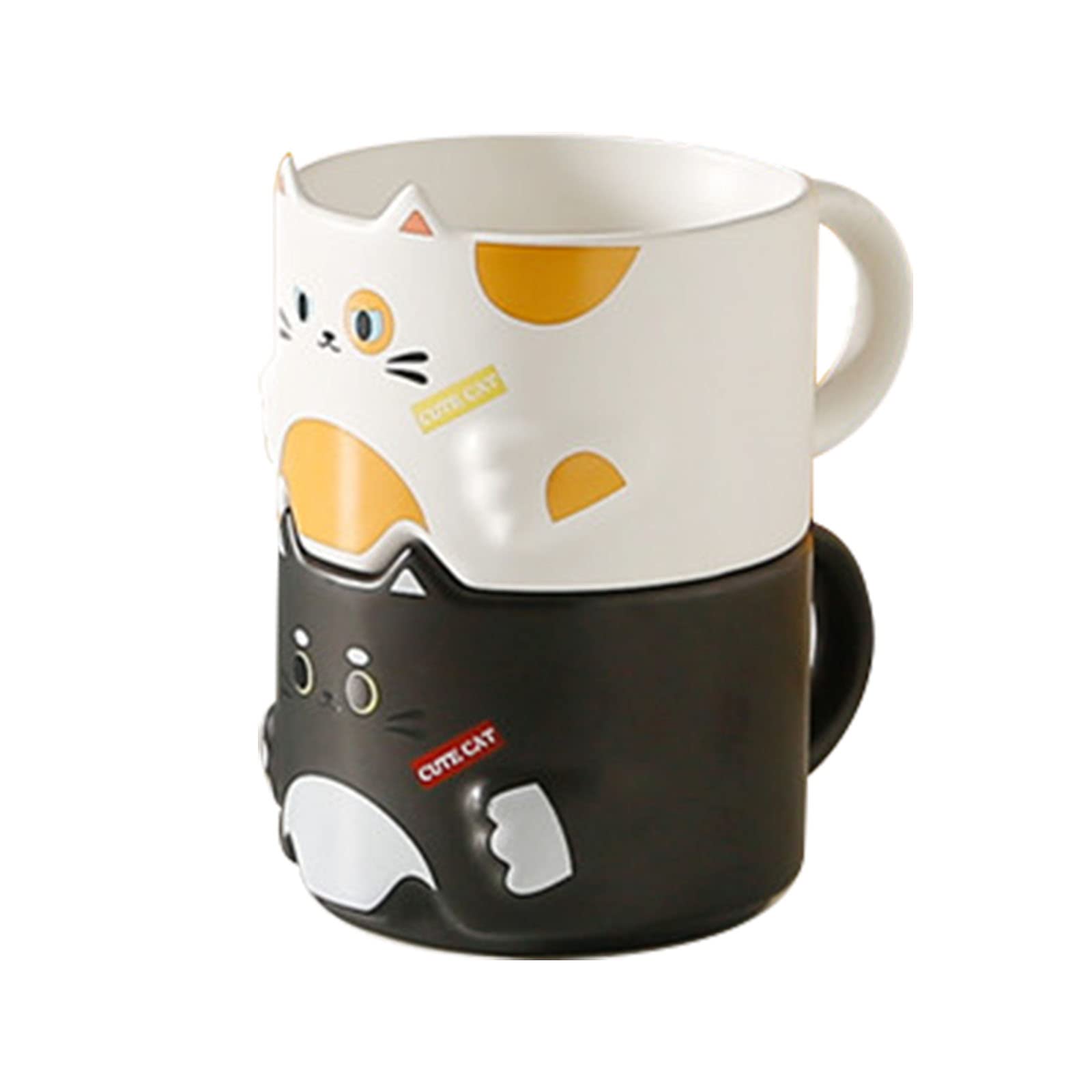 GENTI Kawaii Cup Ceramic Cat Mug Set of 2 Couple Cat Cup Stackable Cute ...