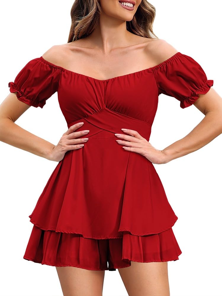 Linsery Rompers Jumpsuits for Women Ruffle Layer Summer Off Shoulder ...