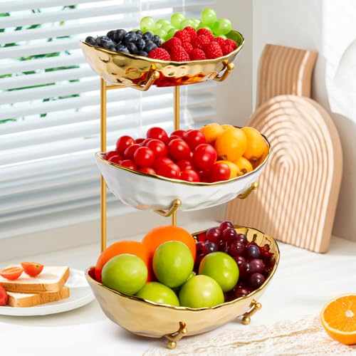 Fruit Bowl for Kitchen Counter, 3 Tier Fruit Basket, Ceramic Fruit Bowl ...