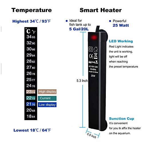 ZEETOON 25W Aquarium Heater, Automatic Thermostat Betta Fish Tank ...