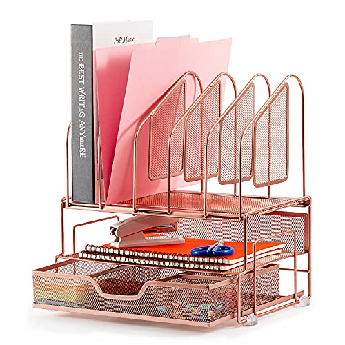 Beiz Rose Gold Desk Organizer with Storage Drawer, 2 Paper Tray & 5 ...