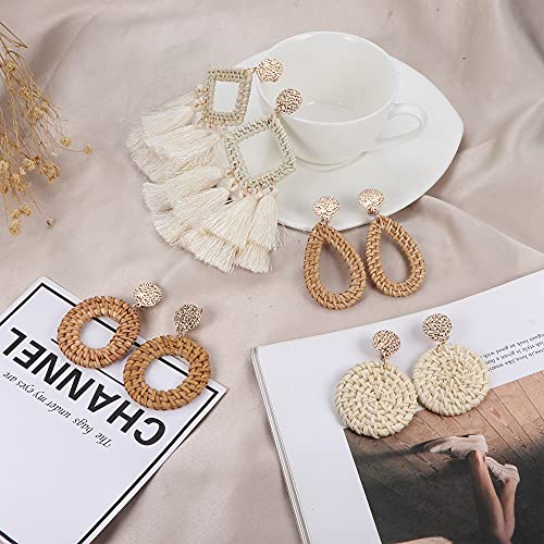 Finrezio 4 Pairs Clip On Drop Rattan Earrings Set Teardrop Round Geometric Bohemian Handmade ...