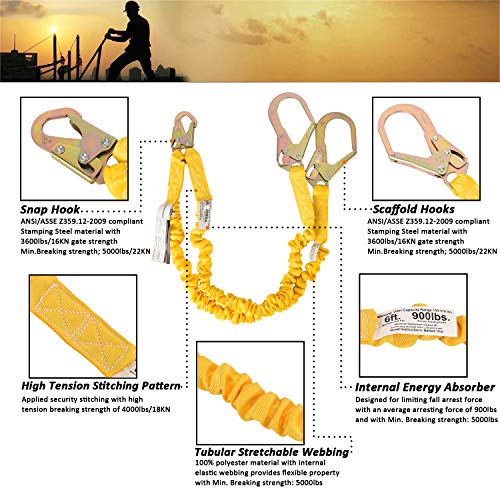 WELKFORDER Double Leg 6-Foot Fall Protection Internal Shock Absorbing ...