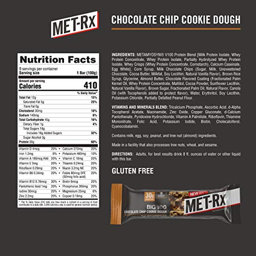 MET-Rx Big 100 Colossal Protein Bars, Chocolate Chip Cookie Dough Meal ...