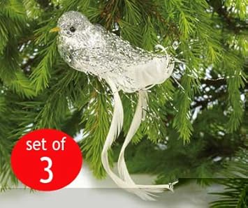 Silver Bird Decoration, Set of 3, clip on, Christmas Decoration: Amazon ...