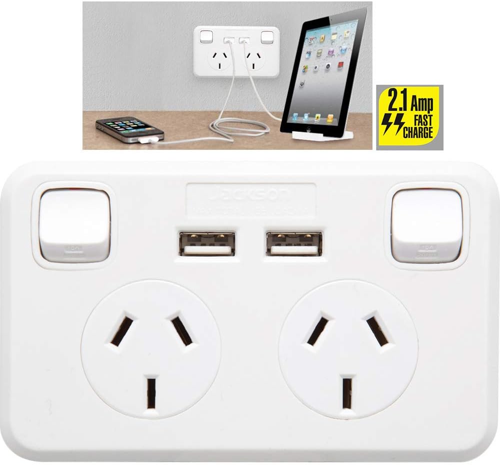 Dual GPO Mains Power Point with 2 X USB Charging Outlets Sockets 240V ...