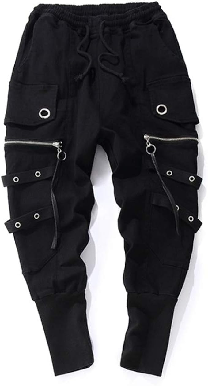 Pantalones de Hip-Hop Multibolsillos Negros con Cremallera y decoración ...