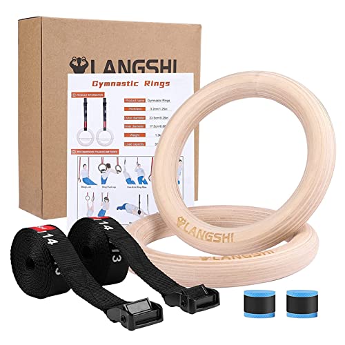 LANGSHI Wooden Gymnastic Rings with Adjustable Number Straps, Exercise ...