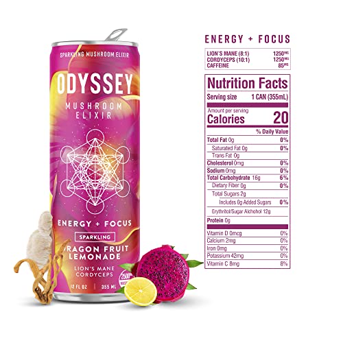 Odyssey Elixir Energy And Focus Sparkling Mushroom Drink 12 Fl Oz Dragon Fruit Lemonade Flavor 