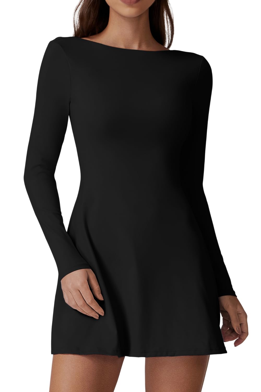 QINSEN Womens Open Back Tennis Dress Long Sleeve Built in Shorts Golf ...