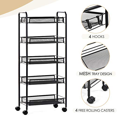 5-Tier Mesh Rolling Storage Cart Multifunctional Utility Cart with 4 ...