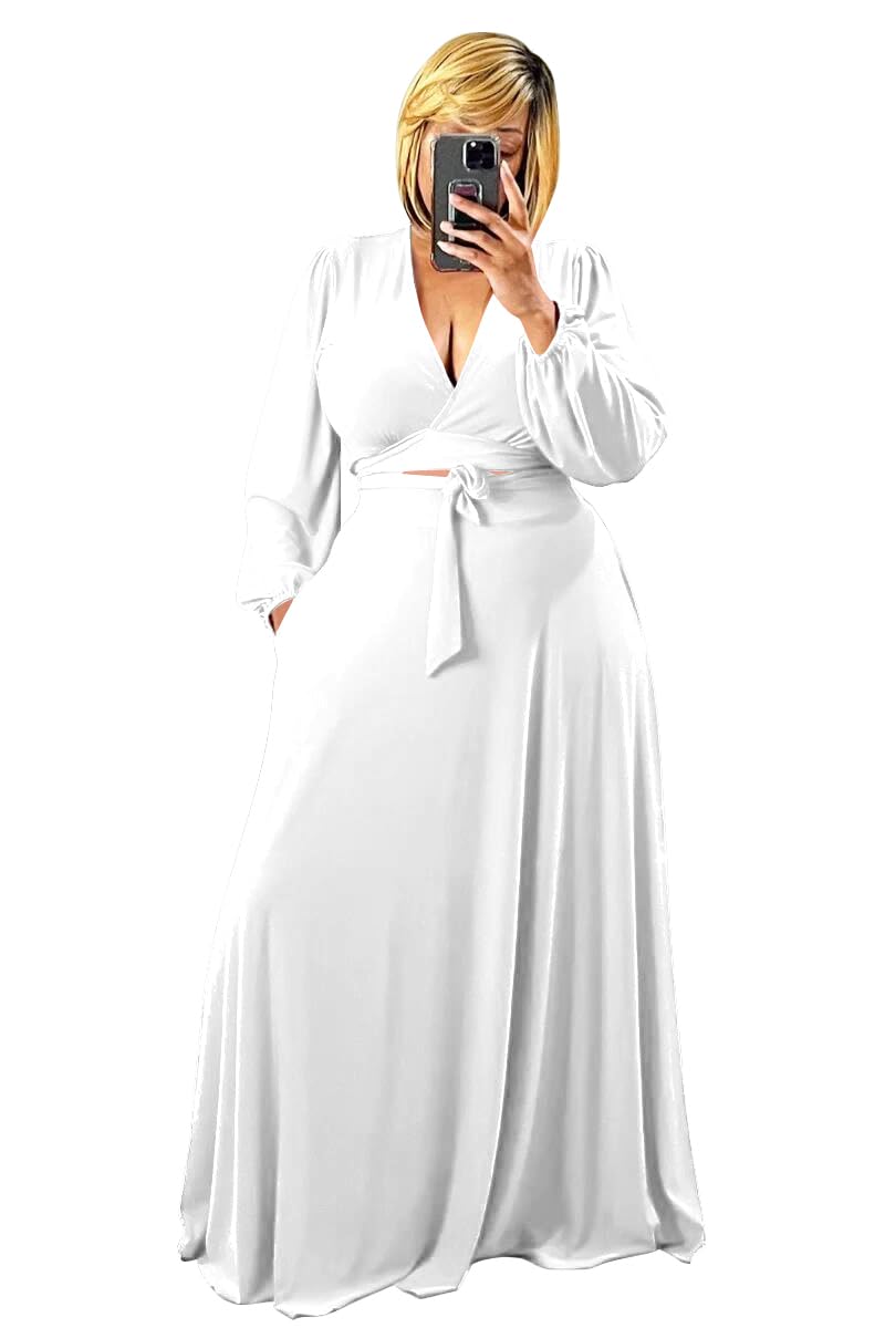 Plus Size Women's 2 Piece Outfits Casual White Long Sleeve Wrap Crop ...