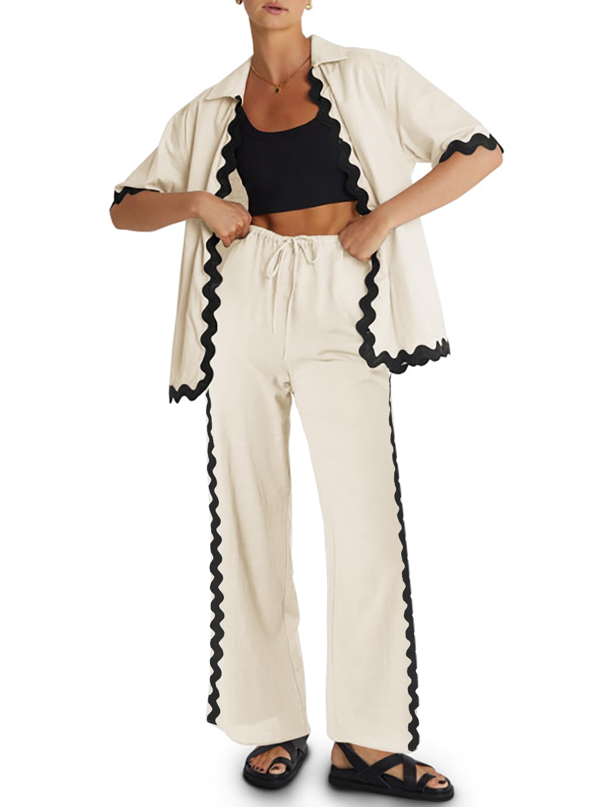 Tankaneo Womens 2 Piece Linen Sets Summer Vacation Outfits Short Sleeve ...