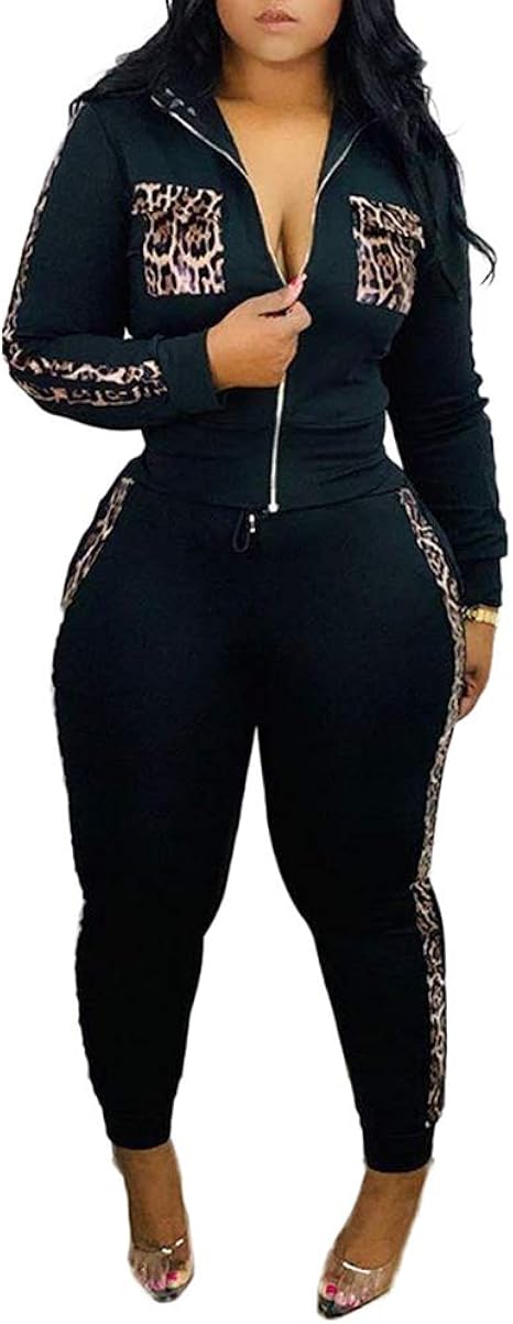 Women's Leopard Print Sweatsuit Tracksuit Set Zip Up Top Pants Trousers ...
