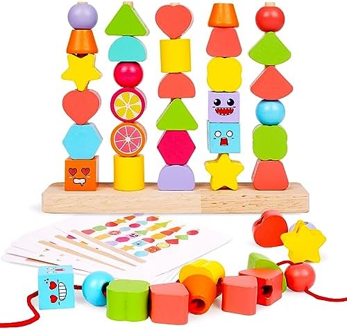 Kvintes Montessori Wooden Bead Sequencing Toy Set Wood Lacing Beads ...