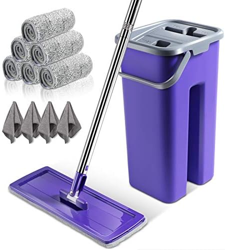 Masthome Flat Mop and Buckets Sets with 6 Reusable Flat Mop Pads and 4 Grey Towels,Easy Self ...