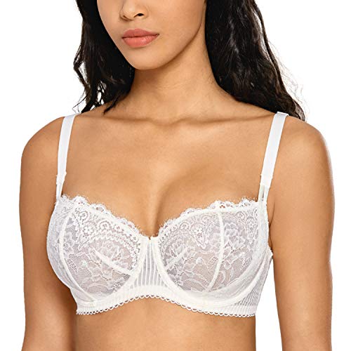 DOBREVA Women's Sexy Lace Push Up Plus Size Bra Sheer Balconette Underwire Unlined Ivory_Eyelash ...