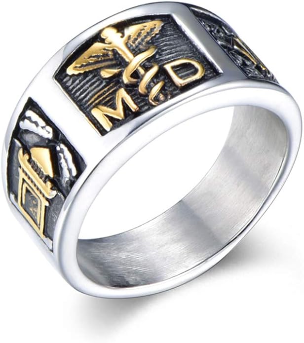 Buy JAJAFOOK Men's 13mm Wide Stainless Steel Rings Caduceus Medical ...