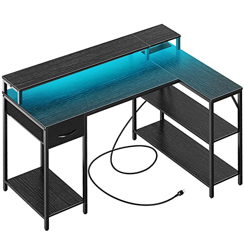 SUPERJARE L Shaped Computer Desk with Power Outlets & LED Strips, Small ...
