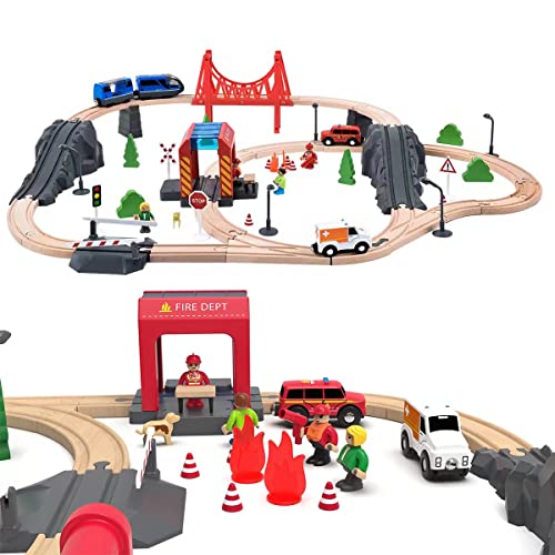 Giant bean 70PCS Wooden Train Set with Battery Locomotive Train Fits ...