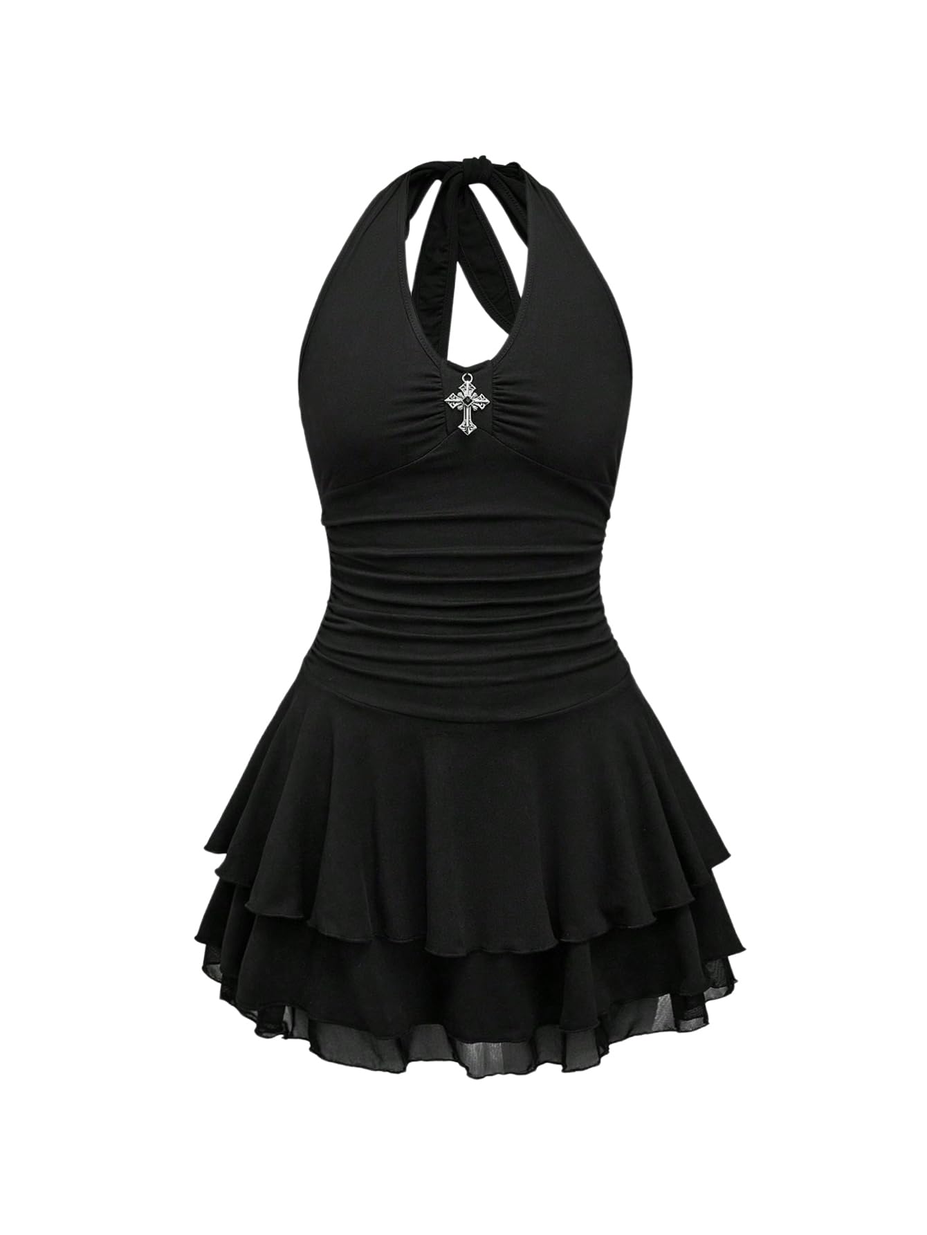 SOLY HUX Women's Y2k Grunge Mesh Halter Dress Ruffle Flowy Mini Dresses ...