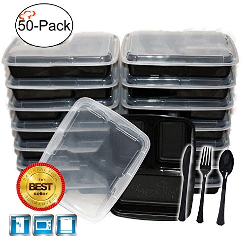 Buy Tiger Chef 50-Pack 3-Compartment Portion Control Plastic Containers ...