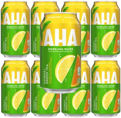 AHA Sparkling Water with Caffeine, Citrus Green Tea, 12oz Cans, Pack of ...