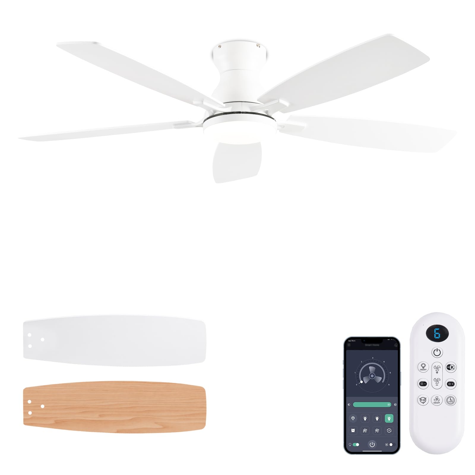 JSAITEE Ceiling Fans with Lights, 52 Inch Low Profile Ceiling Fan with ...