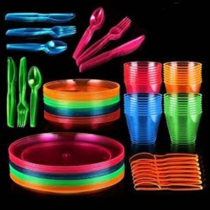 Amazon.com: 128 Piece Neon Party Supplies Set - Disposable & Heavy Duty ...