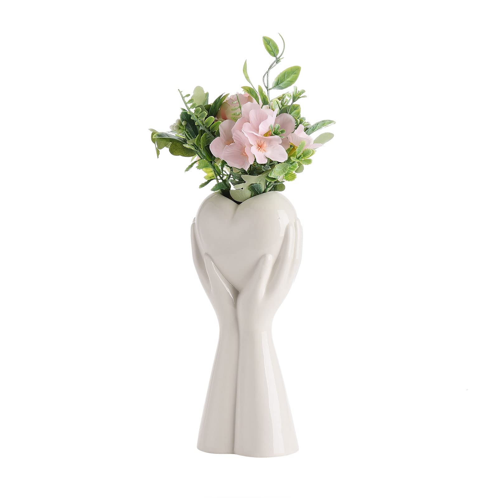 White Ceramic Hand Vase 9In Creative Hand Holding Heart Vase, Modern ...
