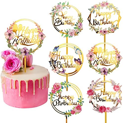 Jetec 6 Pieces Happy Birthday Cake Toppers Gold Flower Acrylic Cake ...