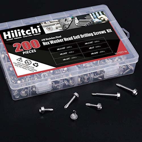 Hilitchi 410 Stainless Steel #8 Hex Washer Head Self Drilling Sheet Metal Tek Screws Assortment ...
