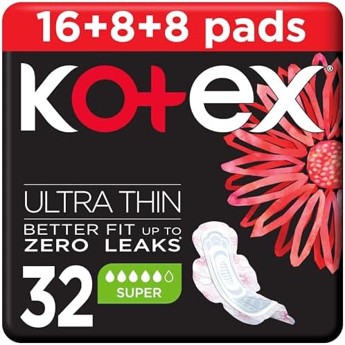 سعر Kotex, Ultra Thin Sanitary Pads for Medium to Heavy Flow Days, Bundle Pack of (32) Sanitary ...