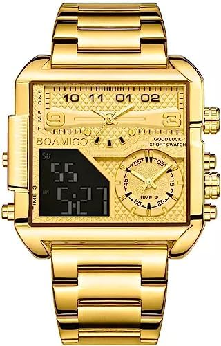 Golden Fashion Men Watches Stainless Steel Sport square Big Quartz ...