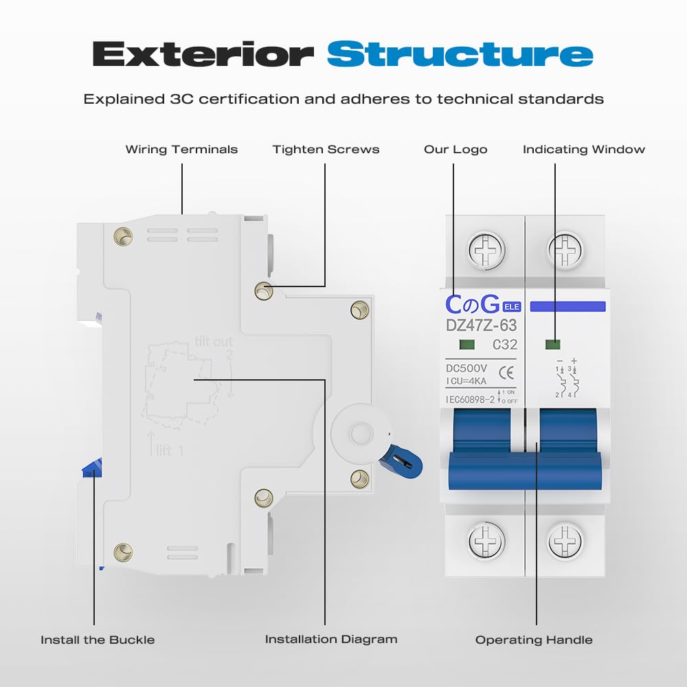 DC Miniature Circuit Breaker, CGELE 2 Pole 32 Amp 500V DC Disconnect Switch For Solar PV Systems ...