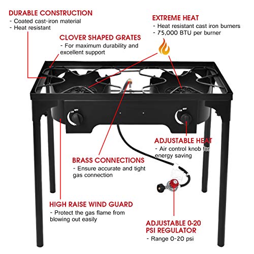 GYMAX Outdoor Stove, 2-Burner High Pressure Propane Gas Camp Stove with Detachable Height ...