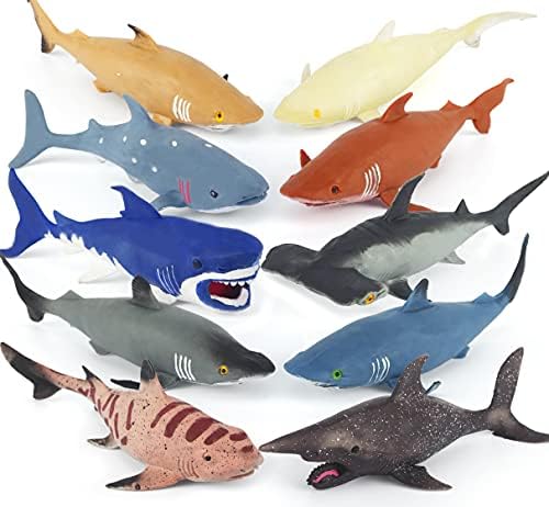 Axbotoy 10 Pack Shark Toys,8 Soft and Stretchy Realistic Shark Toy Set ...