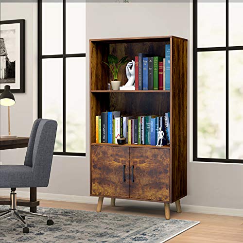 amzdeal Retro Bookcase, Storage Cabinet, Bookcase with Doors, 2 Tier ...
